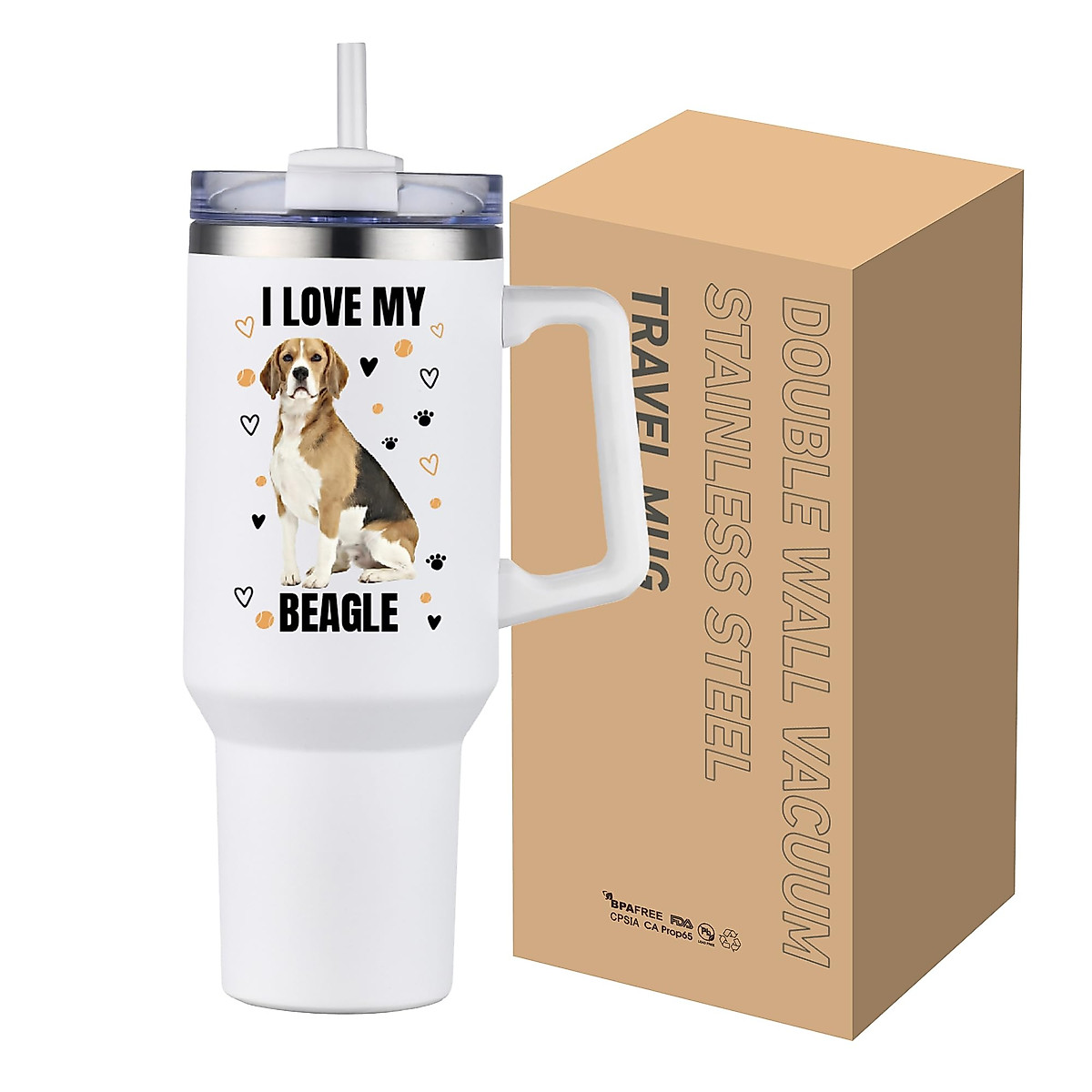 Dog Gifts, Dog Mug : 40 oz Tumbler with Handle and Straw, Travel Coffee Mug, Insulated Tumblers, Coffee Tumbler Cups - Dog Mom Gifts for Women, Dog Lover Gifts, Beagle Gifts, Small Dog (Beagle Gift)