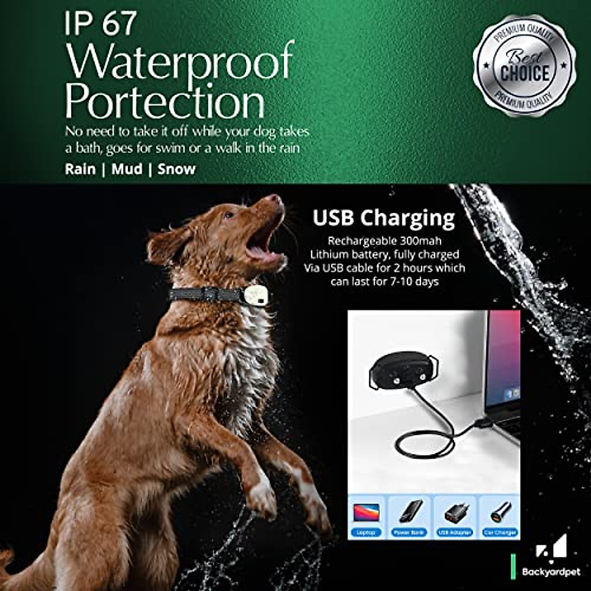 BackyardPet Dog Bark Collar, Rechargable Anti Barking Collar for Dogs with 7 Adjustable Sensitivity Levels and 8 Adjustable Shock and Vibration Levels - Bark Collar for Small, Medium and Large Dogs