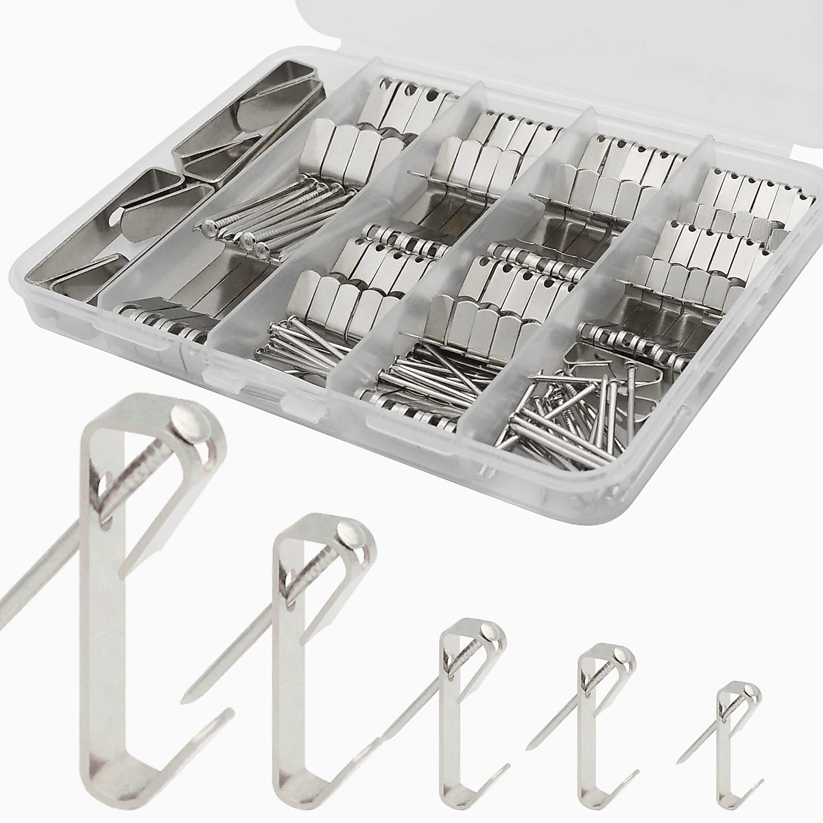 136Pcs Picture Hangers, 5 Sizes Hanging Kits Including 10/20/30/50/100lb Hooks, Sorted With Nails for Drywall Wooden Wall in Handy Storage Case (Silver)
