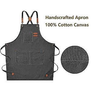 AFUN Chef Aprons for Men Women with Large Pockets, Cotton Canvas Cross Back Heavy Duty Adjustable Work Apron, Size M to XXL(Grey)