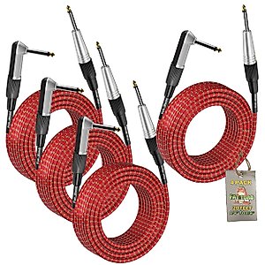 Fat Toad Guitar Cords (4 Pack) Right Angle to Straight-End Instrument Cable Tweed Cloth Jacket Braided Woven 20FT 1/4 Inch Jack TS for Electric Guitar, Bass, AMP | Shielded 24 AWG Patch Conductor