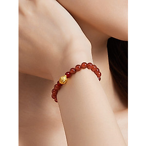 ZHOU LIU FU 24K Solid Gold Bracelets for Women, Stretchable Lucky Animals Real Gold Rabbit Bangle Charm Bracelets, Pure Gold Agate Beaded Zodiac Bunny Bracelet