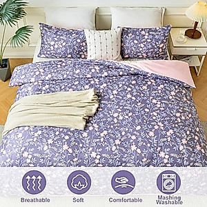 BOLINLIVING Floral Duvet Cover Queen Size 3 Pieces, Flower Duvet Cover with 2 Pillow Shams, Soft Floral Bedding Set Violet and Pink for All Season, Breathable, Zipper Closure…