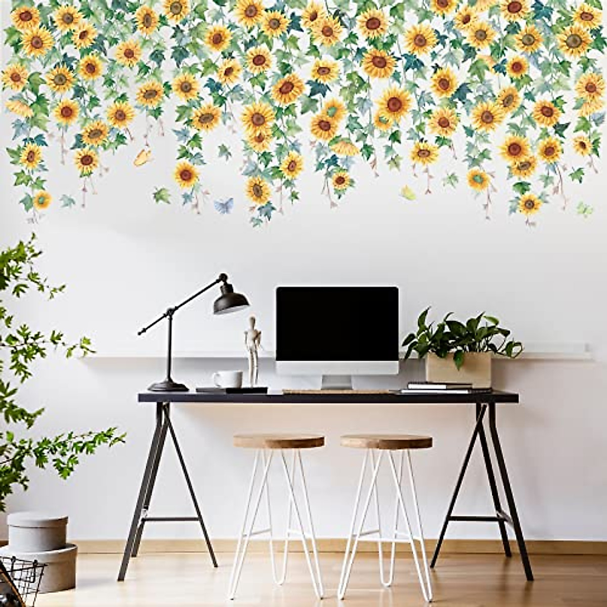 Sunflower Wall Sticker Flower Vines Hanging Wall Decal Green Leaves Floral Wall Art for Bedroom Bathoom Kids Wall Decor
