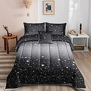 ROWADALO 5 Pieces Black Grey Glitter Sparkles Comforter Set Twin Size,Galaxy Starry Sky Bedding Sets 5 Pcs Bed in A Bag for Kids Teen Girls Ultra Soft All-Season Ombre Bedding Set,DJTGB5001Twin