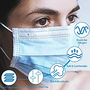 50pcs Disposable Face Masks, 3 Ply Safety Masks with Elastic Earloops and Adjustable Nose-bridge, Blue Breathable Mouth Masks for Protection against Air Pollution, Dust, Pollen