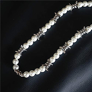 Punk Thorns Necklace Metal Chain Safety Obtuse Padlock Pearl Necklace Hiphop Rock Jewelry for Men-with Pearl