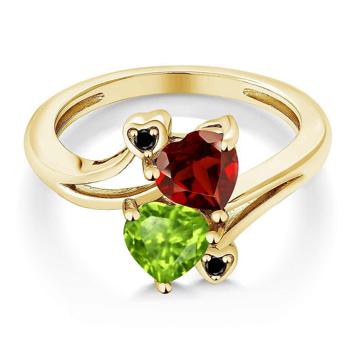 Gem Stone King 10K Yellow Gold Green Peridot and Red Garnet Women Diamond Accent Ring (1.76 Ct Heart Shape) (Size 7)