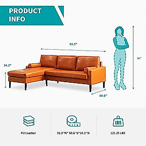 BALUS Faux Leather Sofa Couch | L Shaped Mid-Century Couch with Bolster Pillows | Chaise Lounge Indoor | Cognac Tan Sectional Furniture for Living Room Apartment