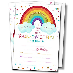 Buildinest Rainbow Birthday Party Invitations with Envelopes (20-Pack), 4"x6" Rainbow Cloud Heart Birthday Invitation Cards, Rainbow of Fun Party Invites-B36
