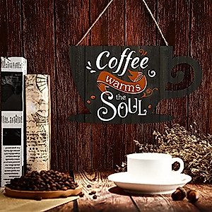 Jetec Coffee Bar Business Door Sign Wooden Coffee Wall Hanging Sign Rustic Farmhouse Coffee Cup Plaque Coffee Warms The Soul for Shop Store Window Restaurants Decoration 11.8 x 6.8 Inches