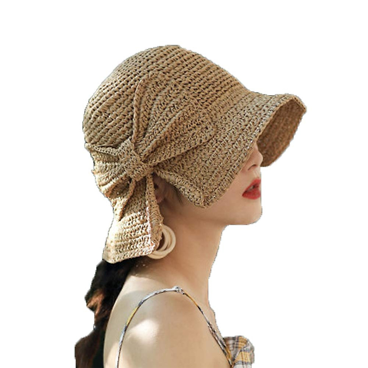 Womens Summer Sun Beach Straw Hat UPF50 Travel Foldable Wide Brim Summer UV Hat with Big Bow (Coffee)