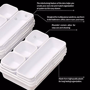 Set of 22 Interlocking Desk Drawer Organizer Tray Dividers Plastic Shallow Narrow Drawers Organizers Separators Storage Bins Container for Kitchen Bathroom Makeup Office Vanity Bedroom Dresser White