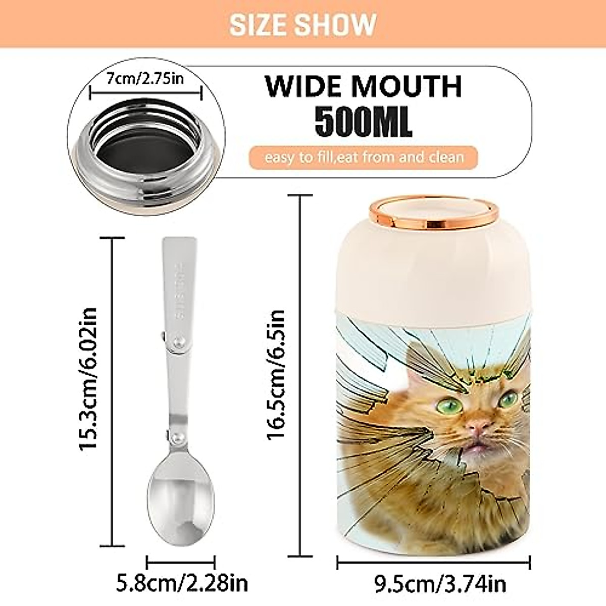 CUPADA Ginger Cat Lovely Food Jar, Broken Glass Design Insulated Hot Food Jars Vacuum 17OZ with Folding Spoon for Work Trip Picnic Camping