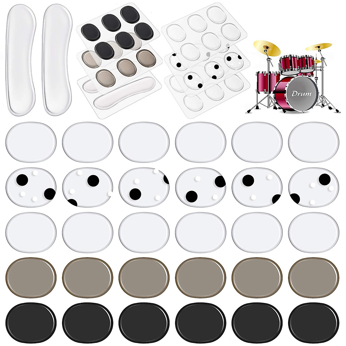 CCOZN Drum Dampeners Gel Pads, 30 Pieces Oval Drum Dampeners 2 Pieces Long Clear Drum Dampeners Silicone Drum Silencers Soft Drum Dampening Gel Pads Drum Mute Pads for Drums Tone Control