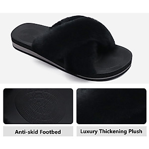 COFACE Womens Fuzzy Slides Fluff Fax Fur Cross Slippers Open Toe Yoga Mat House Slippers Sandals With Arch Support For Indoor/Outdoor
