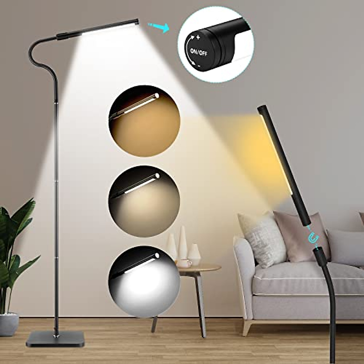 LED Floor Lamp ,Removable Eye Caring Light can be Flashlight ,Adjustable Tri-Color Temperature, Gooseneck Modern Bedroom Reading Lamps with Two Timers and Memory ,for Living Room ,Office , Emergency