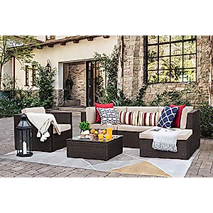 Flamaker 6 Pieces Patio Furniture Set Outdoor Sectional Sofa Outdoor Furniture Set Patio Sofa Set Conversation Set with Cushion and Table (Beige)