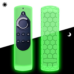 Fintie Silicone Case for 2nd Gen Fire TV Stick with 1st Gen Alexa Voice Remote, Compatible with Echo/Echo Dot Alexa Voice Remote - Honey Comb Series [Anti Slip] Shockproof Cover, Green-Glow