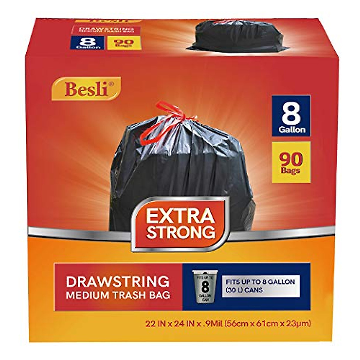 Besli 8 Gallon Black Drawstring Trash Bag Garbage Bag Trash Can Liner,0.9 Mil,90 Counts