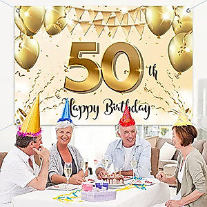 HAMIGAR 6x4ft Happy 50th Birthday Banner Backdrop - 50 Years Old Birthday Decorations Party Supplies for Women - White Gold