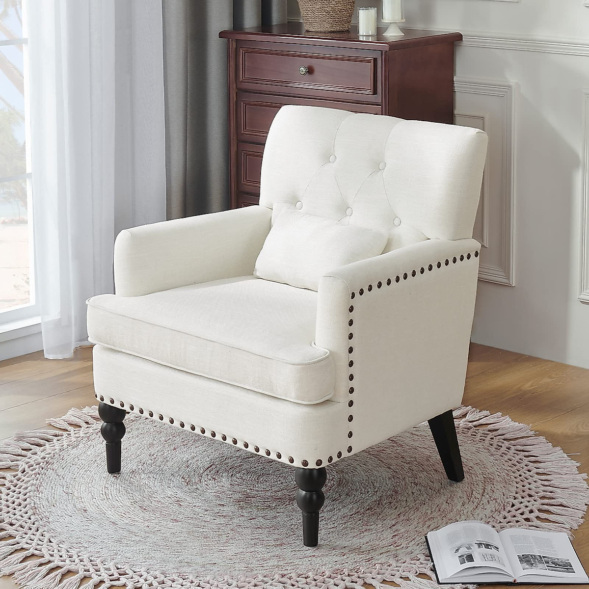 Accent Chair, Arm Chair，Living Room Upholstered Chair, Tufted Upholstered Sofa Club Chair for Bedroom, Comfy Reading Chair for Reception Room (White)