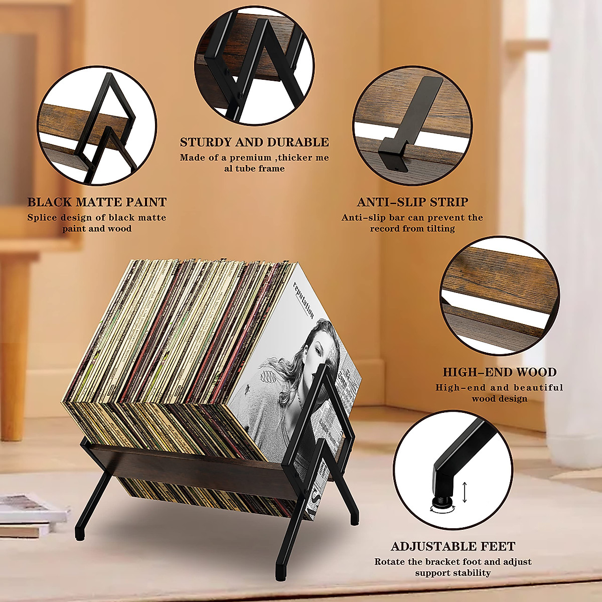 WonYins Vinyl Record Storage Holder, Holds 85-110 Vinyl Records, Magazine Holder, Vinyl Records Albums Vinyl Record Storage Rack Black