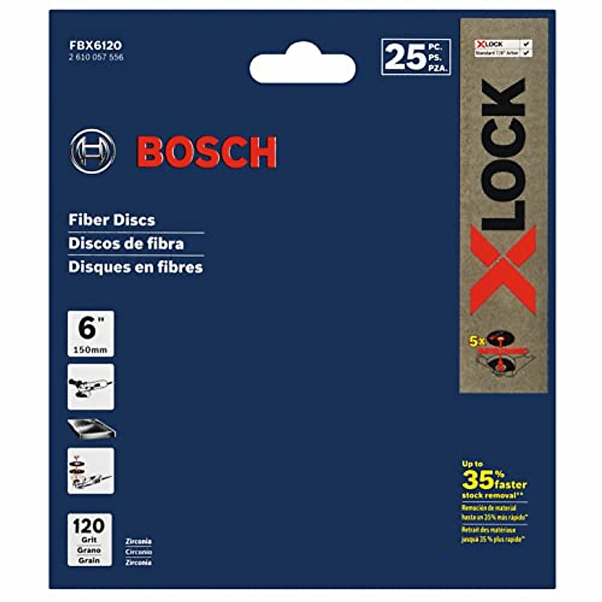 BOSCH FBX6120 25-Pack 6 In. X-LOCK Fine Grit Abrasive Fiber Discs 120 Grit Compatible with 7/8 In. Arbor for Applications in Metal Surface Finishing, Weld Blending, Rust Removal