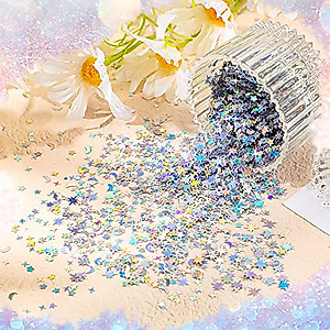 60 g/ 2.1 oz Holographic Star and Moon Table Confetti Iridescent Metallic Glitter Foil Confetti Sequin Star Moon Scatter for Halloween Birthday Wedding Festival Party DIY (6 mm, 4 mm, Silver)