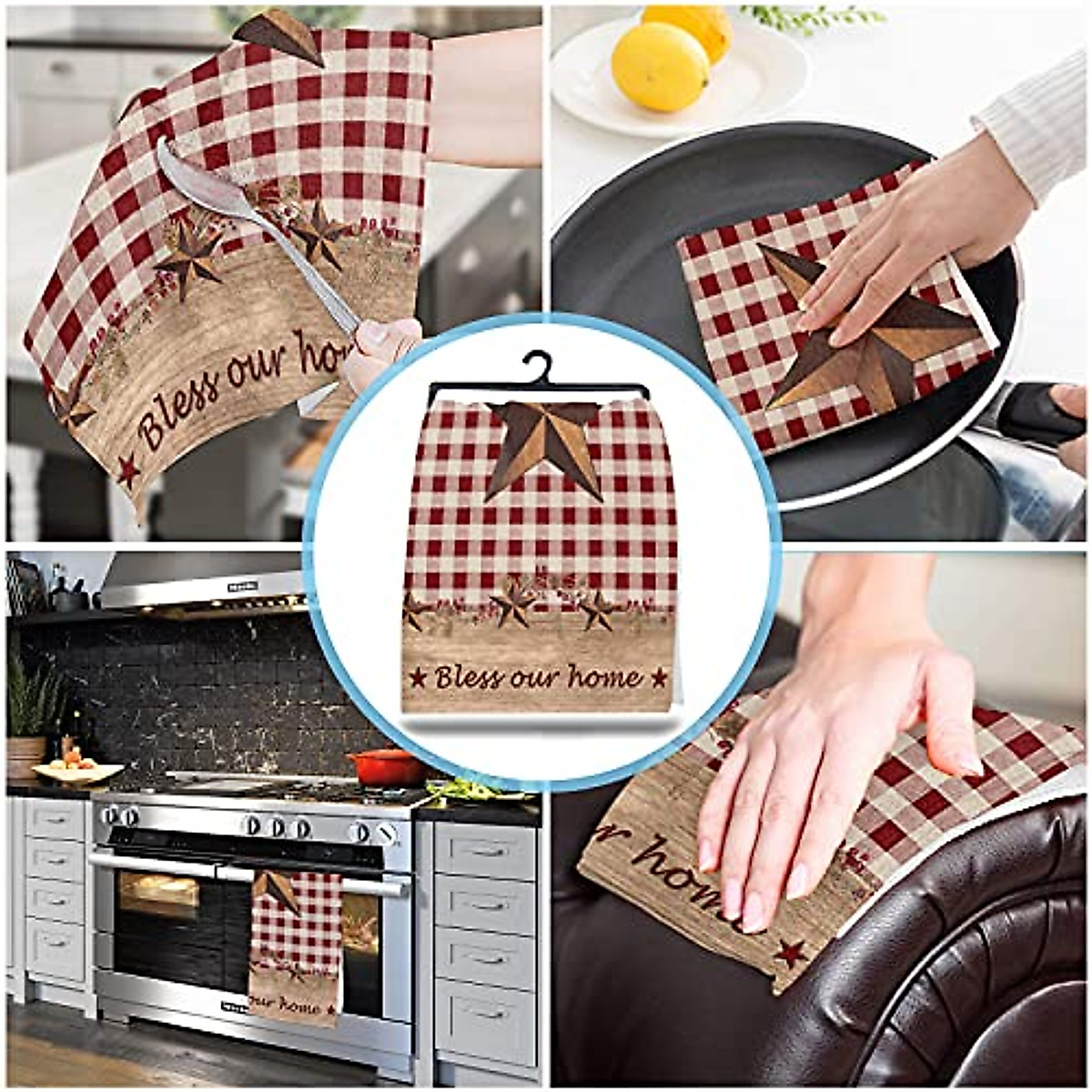 ArneCase Kitchen Towels Super Soft Dish Towels Bless Our Home Western Texas Star with Berries on Retro Red Plaid Heat-Insulation Dish Cloths for Cooking, Cleaning 3PCS-18x28 inch
