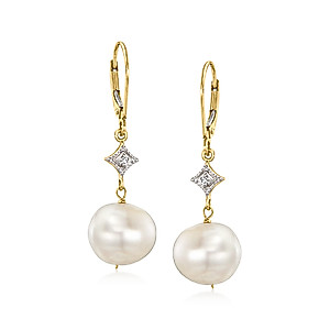 Ross-Simons 10.5-11mm Cultured Pearl Drop Earrings With Diamond Accents in 14kt Yellow Gold