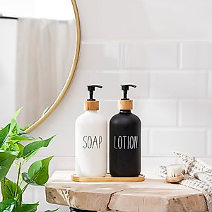Vorey Bathroom Glass Soap Dispenser Set with Pump, Soap and Lotion Dispenser with Bamboo Tray for Farmhouse Decor (Black & White)