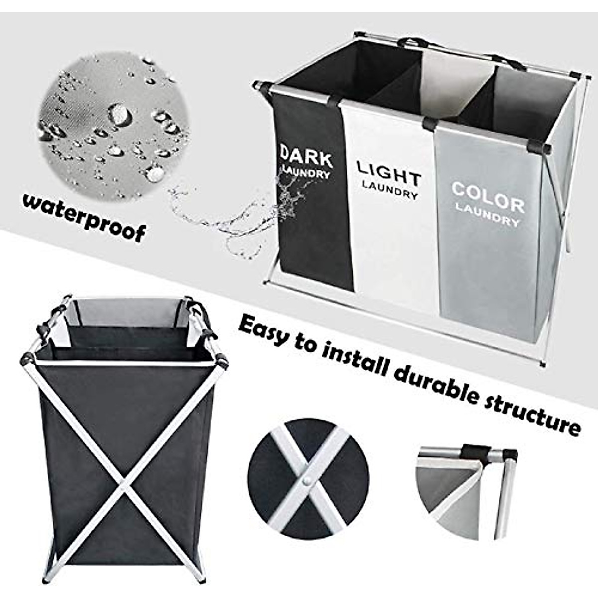 Laundry Hamper 3 Sections Laundry Basket Cloth Hamper Sorter storage Bin, Foldable Portable Waterproof Divided Large Dirty Clothes Basket for Bathroom Bedroom Home (Gray+Black+White)