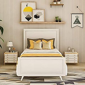 HomJoones Wood Platform Bed Twin Bed Frame Mattress Foundation Sleigh Bed with Headboard/Footboard/Wood Slat Support,Twin (White)