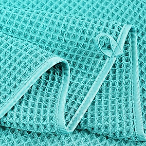 POLYTE Microfiber Oversize Quick Dry Lint Free Bath Towel, 60 x 30 in, 4 Pack (Aqua, Waffle Weave)