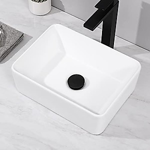 KES Rectangle Bathroom Sink with Bathroom Sink Drain Combo, 16" x 12" White Ceramic Vessel Sink Above Counter with Pop Up Drain Stopper Brass and Stainless Steel Matte Black, BVS110S40+S2008D-BK