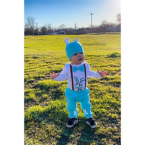 MINIFEIKO My First Easter Outfit Preemie Newborn Infant Baby Boy Long Sleeve Bow Tie Romper Bunny Pants Sets with Hat 1st Easter Day Bodysuit (White, 12 Months)