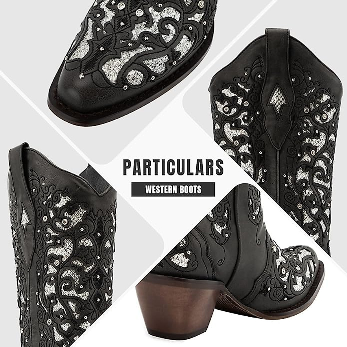 Huntarry Women's Mid Calf Cowboy Cowgirl Boots Embroidered Retro Square Toe Western Boots for Women Black-a