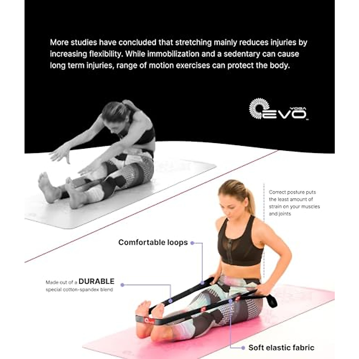YOGA EVO Exercise Band with Loops for Physical Therapy Yoga, Exercise and Flexibility Elastic Fitness Stretch Band + Exercise Instructions & Carry Bag
