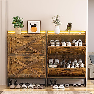 HAIOOU 2 Drawer Industrial Shoe Cabinet, Slim Freestanding Wood Shoe Rack Storage Organizer Stand with Flip Doors, Open Storage Shelf, Anti Toppling for 15-18 Pairs Rustic Brown