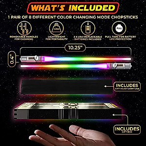 LIGHTSABER CHOPSTICKS LIGHT UP STAR WARS LED Glowing Light Saber Chop Sticks REUSABLE Sushi Lightup Sabers Removable Handle Dishwasher Safe 8 Color Modes 1 Pair