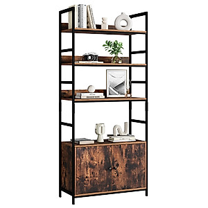 BOTLOG Industrial Bookshelf, Tall Bookshelf with Storage, Wood and Metal Shelf with Doors and Shelves Rustic Brown for Office and Living Room