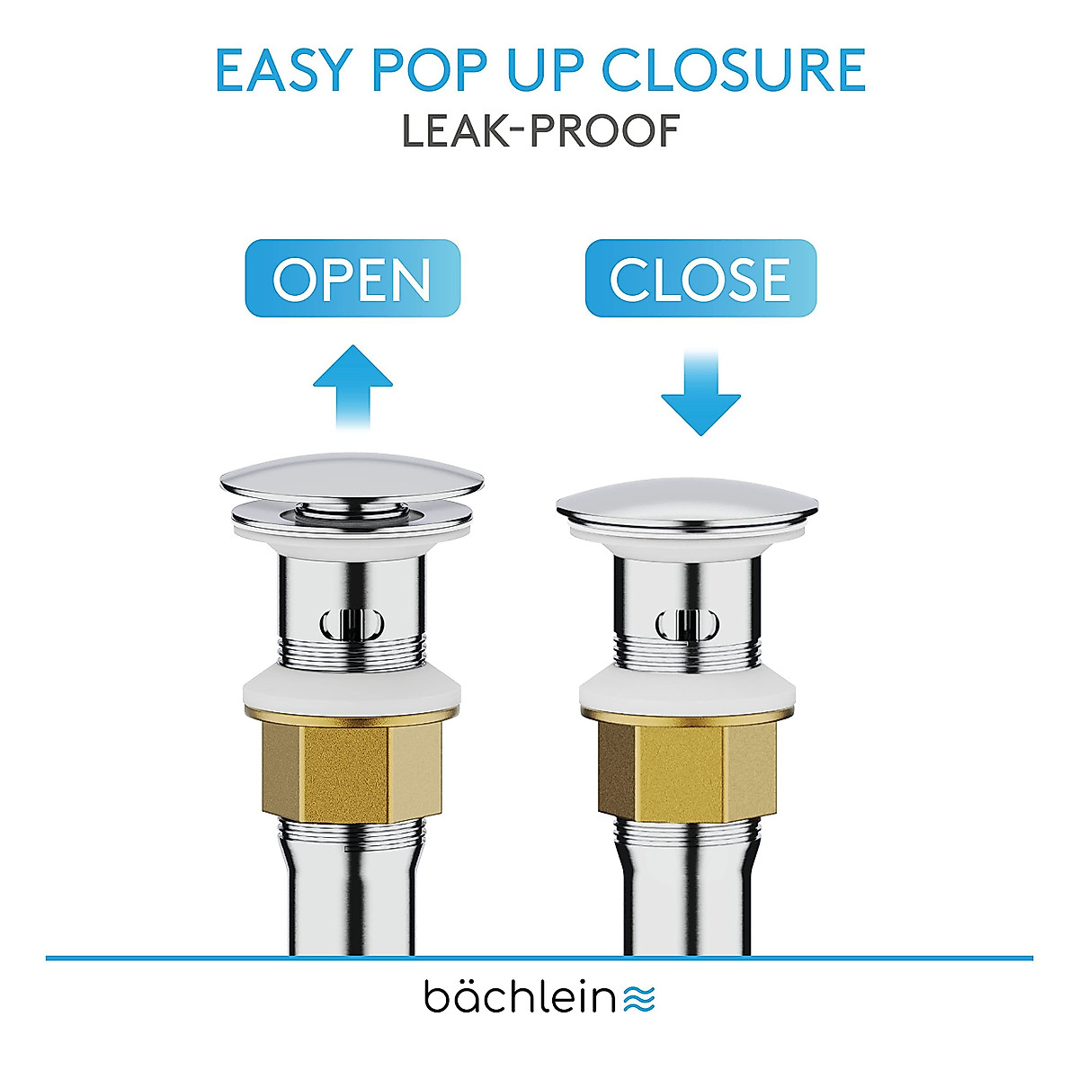 Bächlein Bathroom Sink Drain with Overflow - Sink Stopper with Pop Up Function - Chrome Pop Up Bathroom Sink Drain incl. 3 Extra Seals and Installation Manual - German Brand
