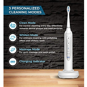 Sonic Electric Toothbrush for Adults with 5 Toothbrush Replacement Heads, 3 Brushing Modes & 2 Minutes Built-in Timer, Travel Toothbrushes with Inductive Charging, Rechargeable toothbrush | White