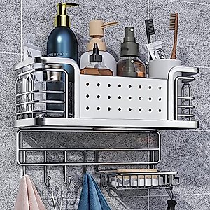 LIVOD Adhesive Shower Caddy with Soap Holder, Stainless Steel Shower Organizer with Hook, Wall Mount Rustproof Shower Shelf for Inside Shower, Polished SS