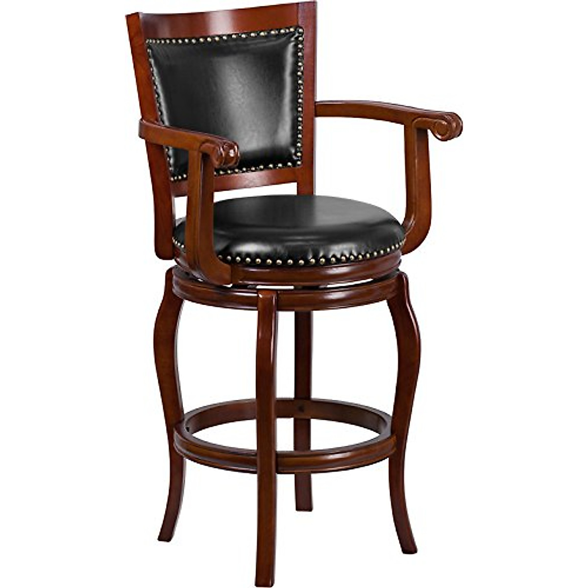 Flash Furniture Vestina 30" LeatherSoft Barstool with Footrest and Arms, Classic Ladder Back Upholstered Bar Height Stool, Cherry Wood/Black