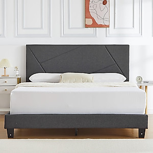 Tackview Upholstered Platform Bed Frame - Fabric Adjustable Headboard - Strong Wooden Slats - Mattress Foundation - No Box Spring Needed