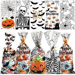 Zonon 150 Pieces Halloween Candy Cellophane Treat Bags Halloween Print Bags Wrappers Pumpkin Skeleton Spider Cello Bag with 200 Pieces Twist Ties for Party Presents