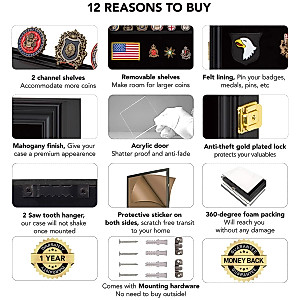 Verani Medals Display Case - Military Challenge Coin Display Shadow Box - Pin Display Cabinet with Removable Shelves and Pinnable Background for Badges Ribbons Insignia Buttons Small Black