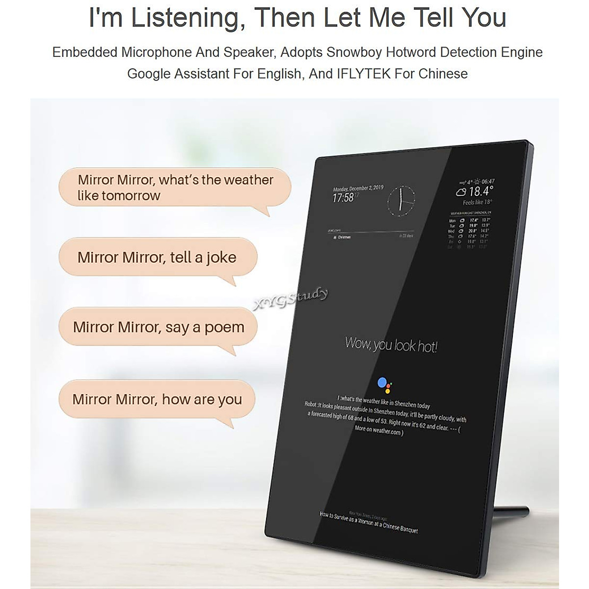 XYGStudy 13.3 inch IPS Display Monitor Capacitive Touch Control Panel Magic Mirror Screen Resolution 1920x1080 Voice Assistant with Raspberry Pi 3 A+ Inside Mini Computer Showing News Weather Time